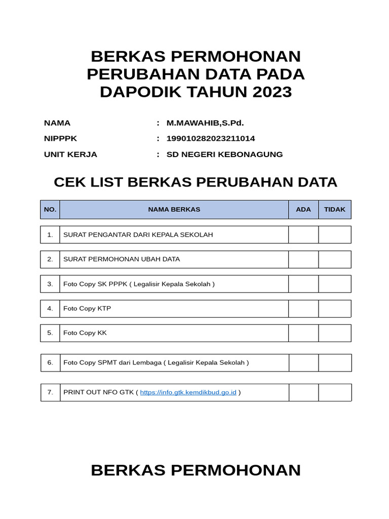 Cek List Berkas Pengajuan Perubahan Dapodik Tahun 2023 | PDF