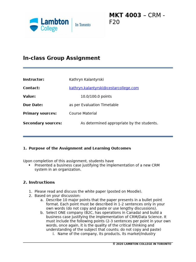 MKT 4003 - CRM - In-Class Assignment - F20 - SCFL | PDF