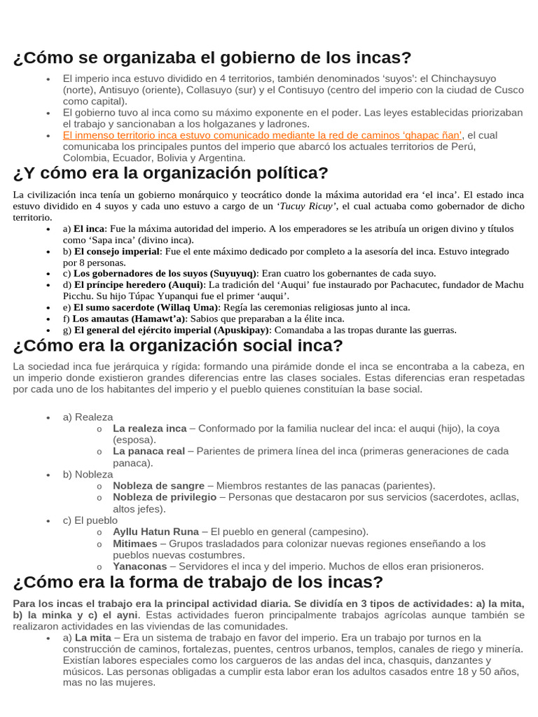 Cómo Se Organizaba El Gobierno de Los Incas | PDF