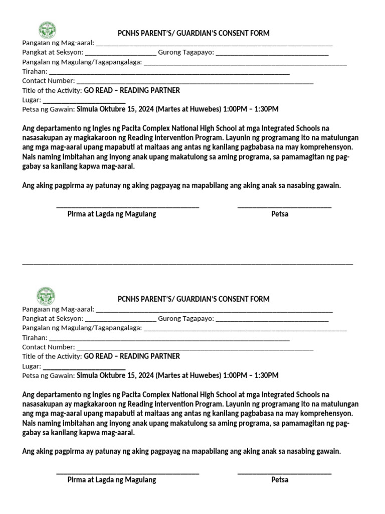 PCNHS-waiver - READING PARTNER AM | PDF | Career & Growth