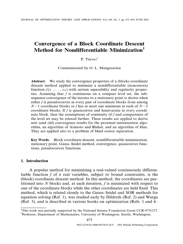 Convergence of A Block Coordinate Descent Method For Nondifferentiable Minimization | PDF