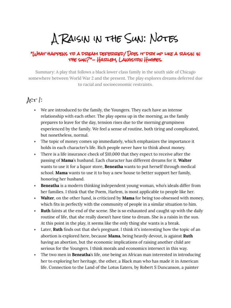 Raisin in The Sun Summary | PDF | Mystery, Thriller & Crime Fiction ...