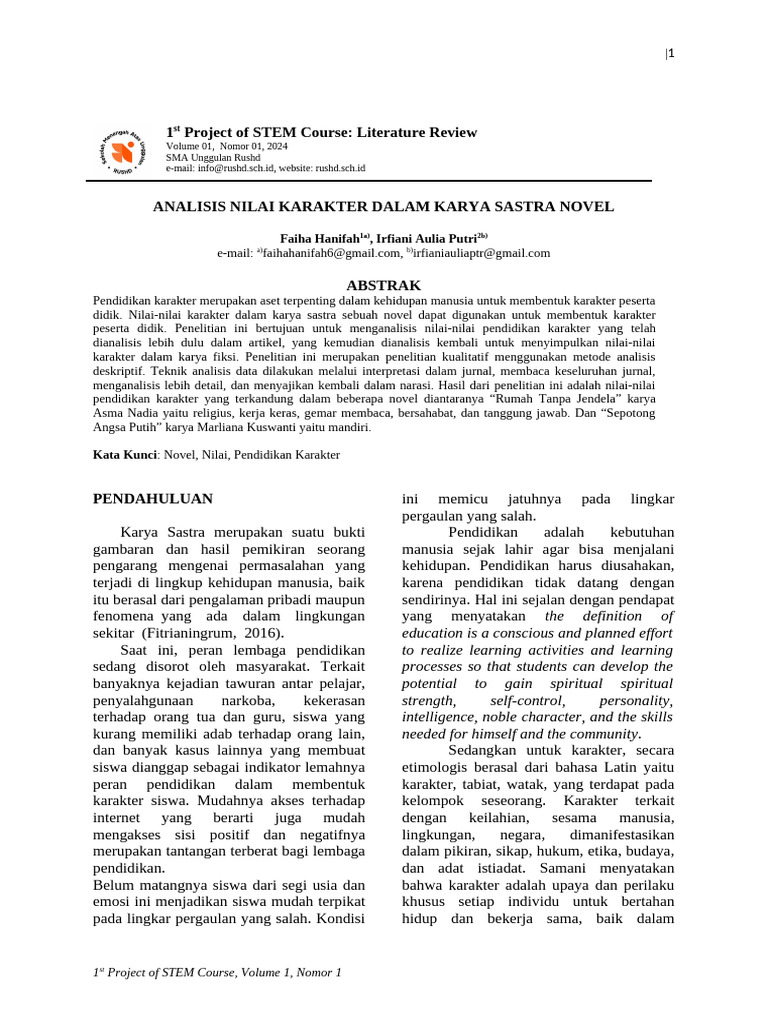 Analisis Nilai Karakter Dalam Karya Sastra Novel | PDF