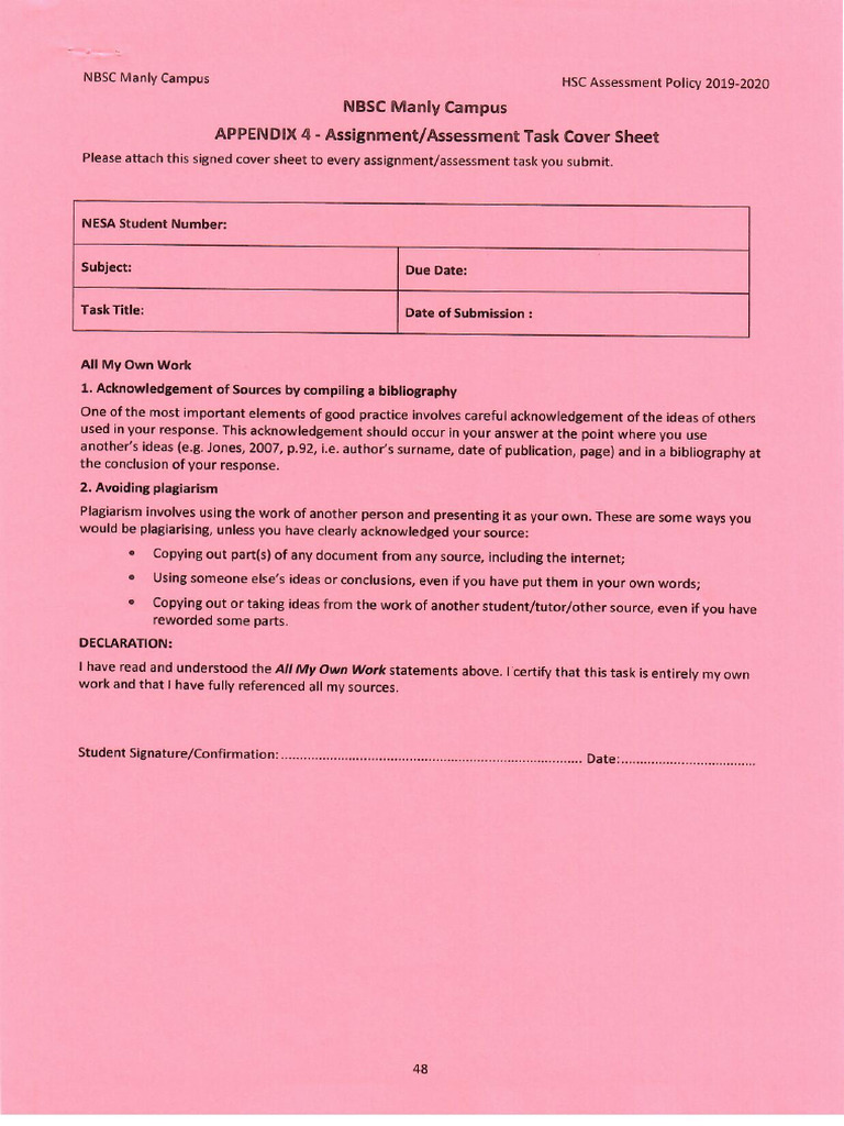 PINK Senior Assignments Assessment Tasks Cover Sheet | PDF