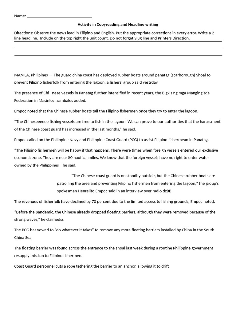 Activity in Copyreading and Headline Writing-2023 | PDF
