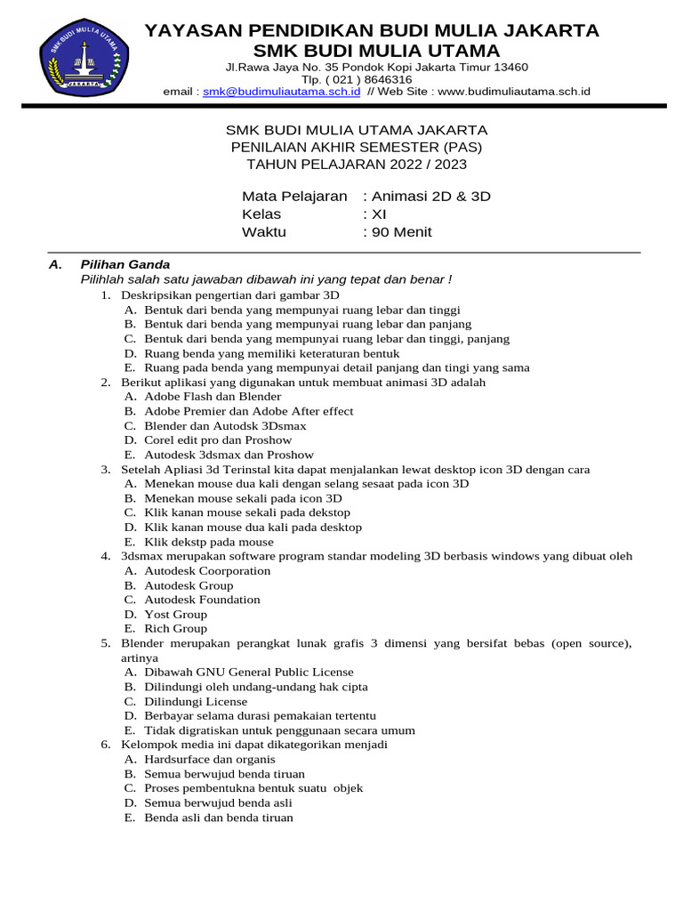 Format Soal Pas Genap Animasi Kelas Xi 2023 | PDF