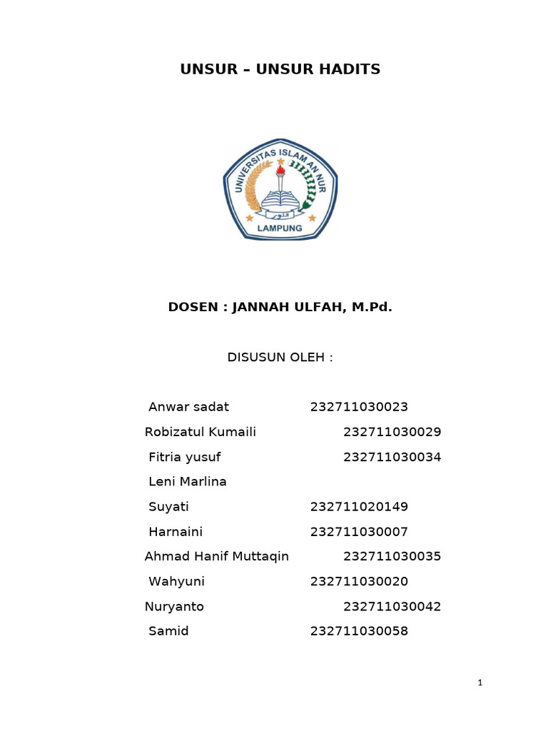 Makalah Unsur Unsur Hadits | PDF