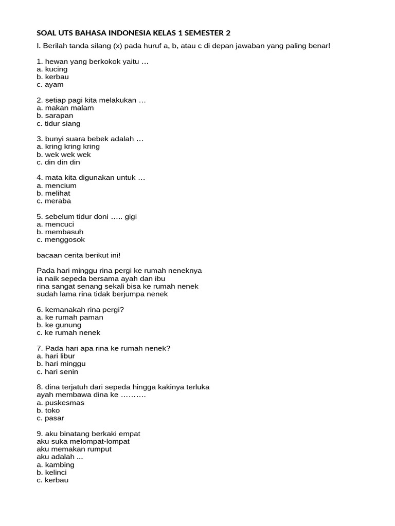 Soal Uts Bahasa Indonesia Kelas 1 Semester 2 | PDF