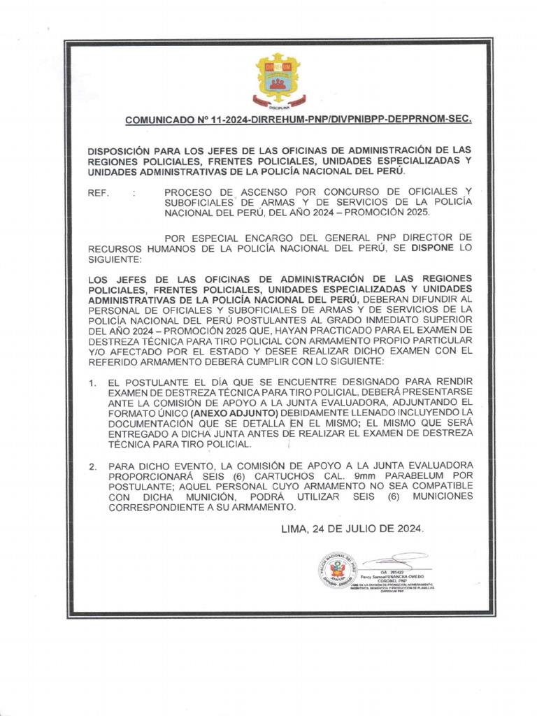 COMUNICADO #11-2024-DIRREHUM PNPDIVPNIBPP-DePPRNOM-SEC Del 24JUL2024 Referente Al Examen de ...
