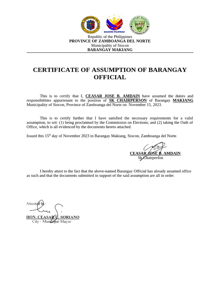 Certificate of Assumption Brgy. Officials | PDF