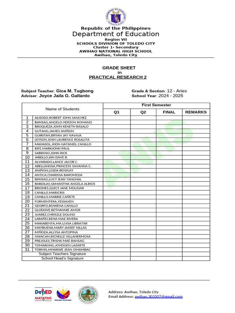 Official Grade Sheet - Pagsulat Sa Filipino Sa Piling Larang Sy 2024 2025 | PDF