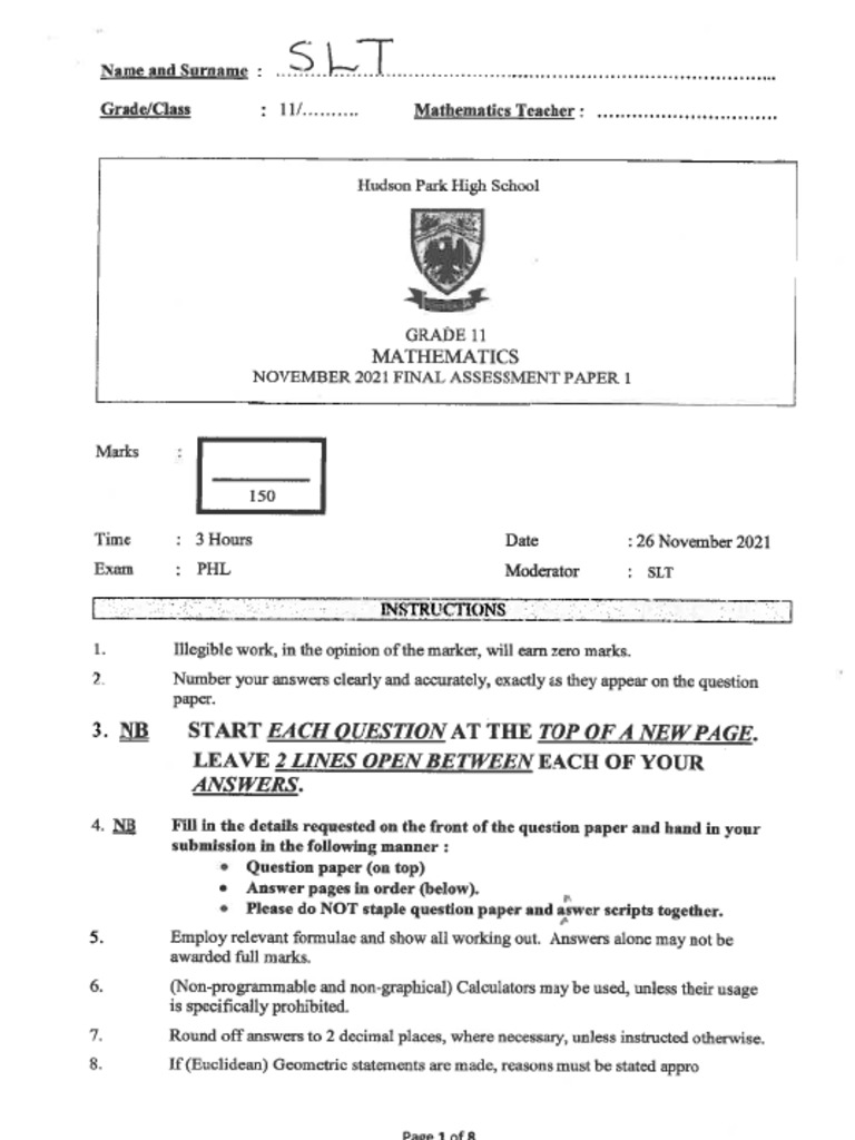 Grade 11 2021 November Maths Paper 1 | PDF
