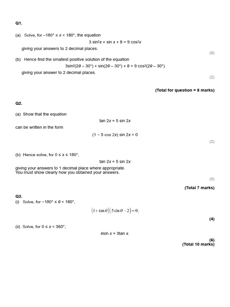 Pure 1 Ch10 - Trigonometric Identities and Solving Equations | PDF ...