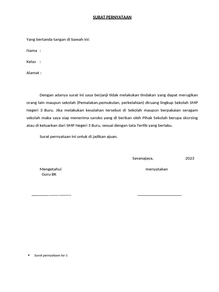 SURAT PERNYATAAN (Perkelahian | PDF