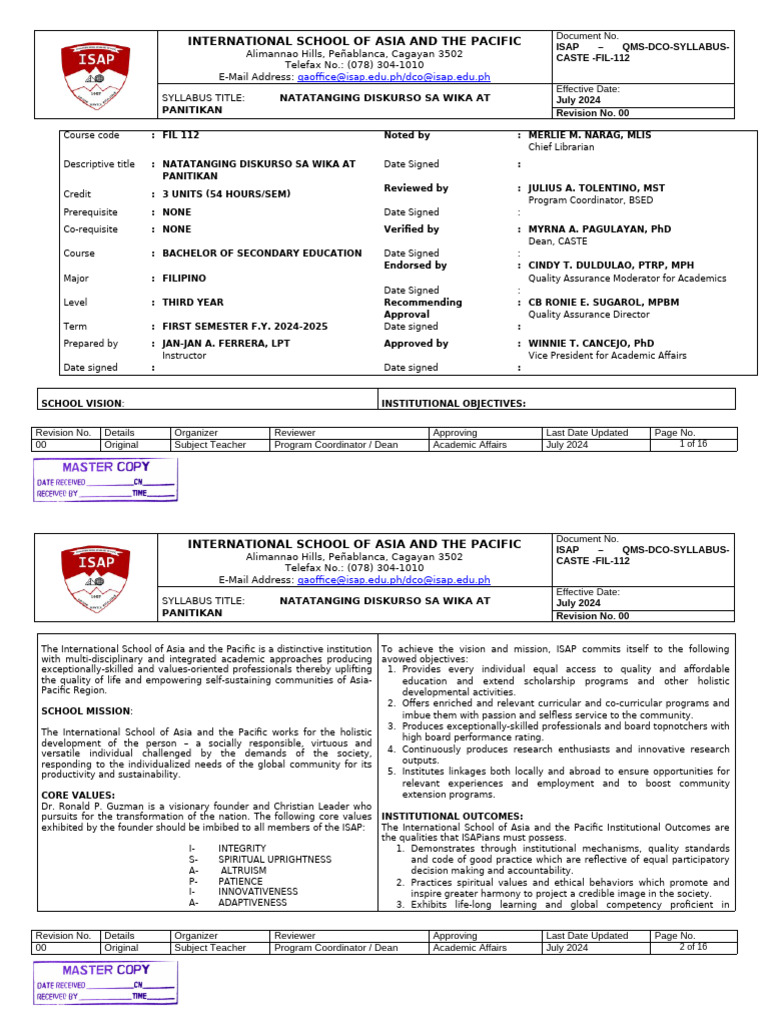 Bsed Fil 3 - Natatanging Diskurso Sa Wika at Panitikan Syllabus 2024-2025 New | PDF