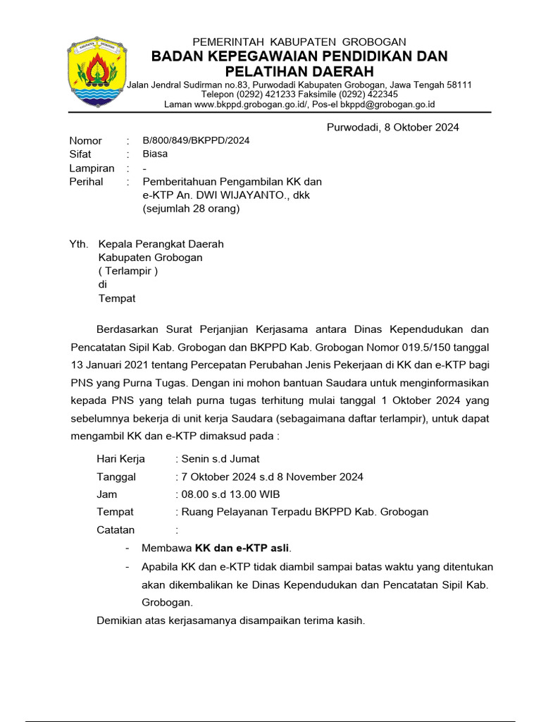 Pemberitahuan Pengambilan KK Dan e-KTP Baru Bagi PNS Pensiun TMT 01-10-2024 | PDF