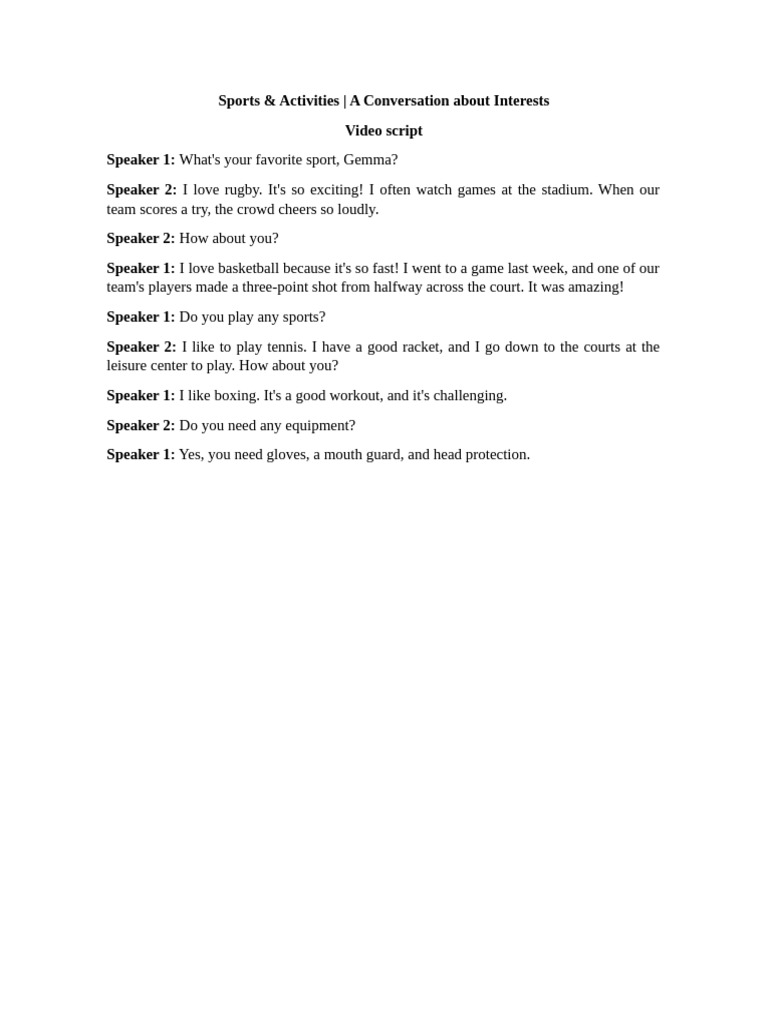 Sports & Activities A Conversation About Interests Script | PDF