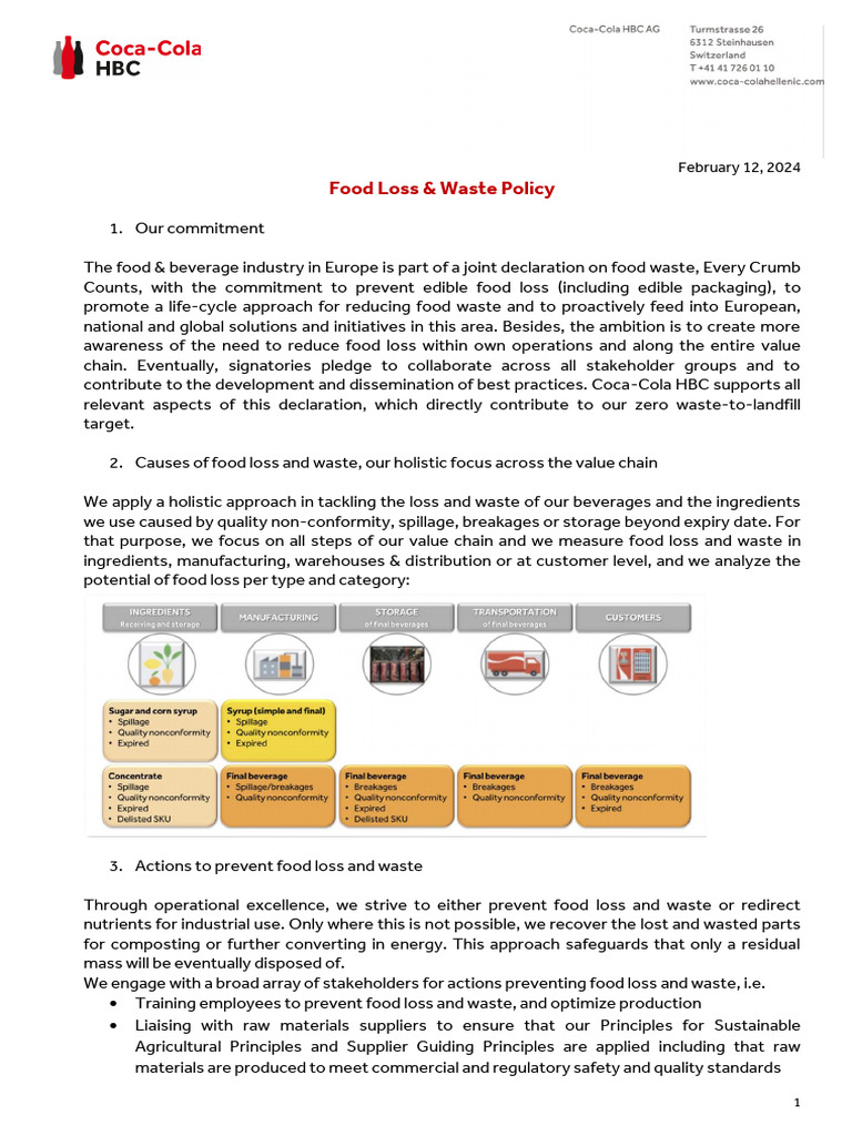 CCHBC Food Loss and Waste Policy May 2024 | PDF