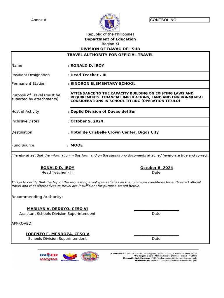 Authority to Travel Operation Titulo | PDF