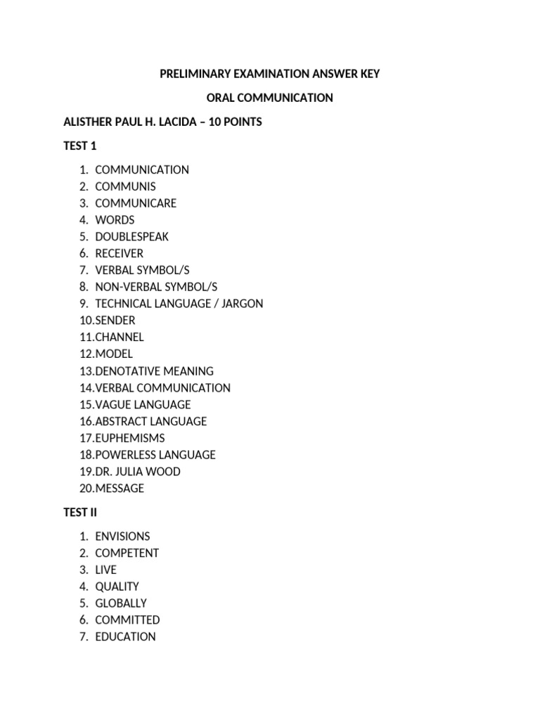 Preliminary Examination Answer Key | PDF