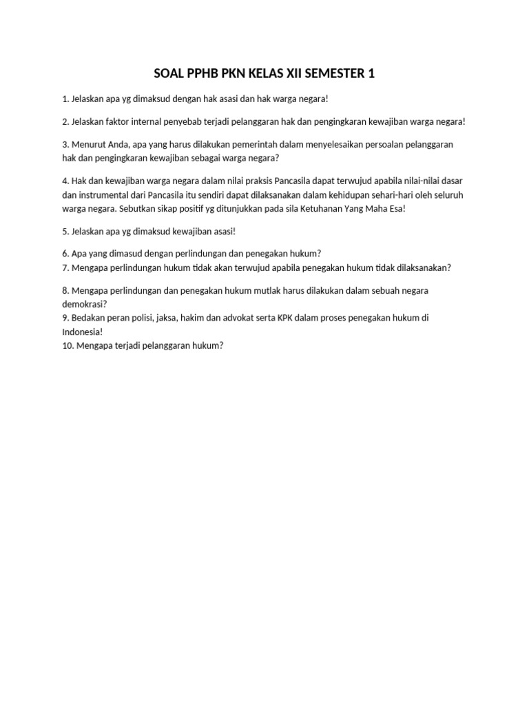 SOAL PPHB PKN Kelas XII Sem. 1 | PDF