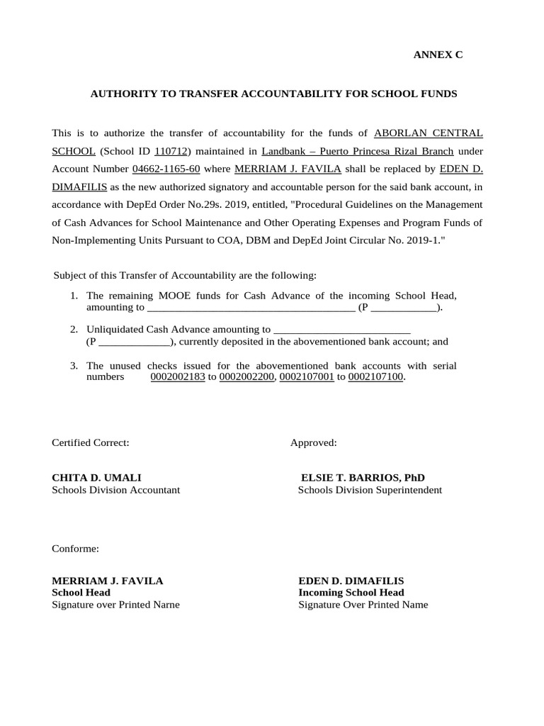 Annex-C Authority To Transfer of Accountability | PDF | Career & Growth