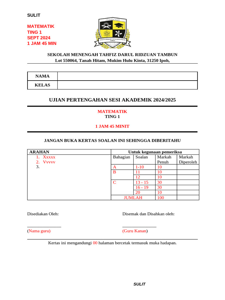 Cover Kertas Soalan | PDF