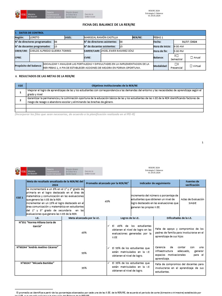 Ficha Del Balance de La RER - PEBAS 1 | PDF