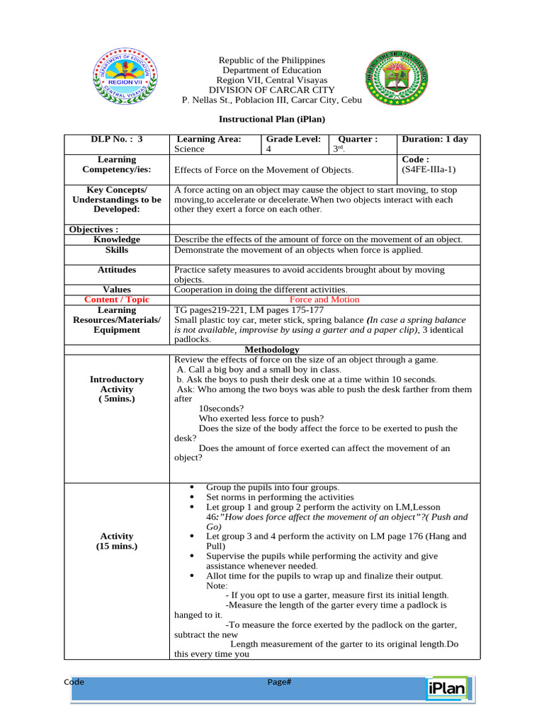 IPlan No. 3 Effects of Force On The Movement of Objects | PDF