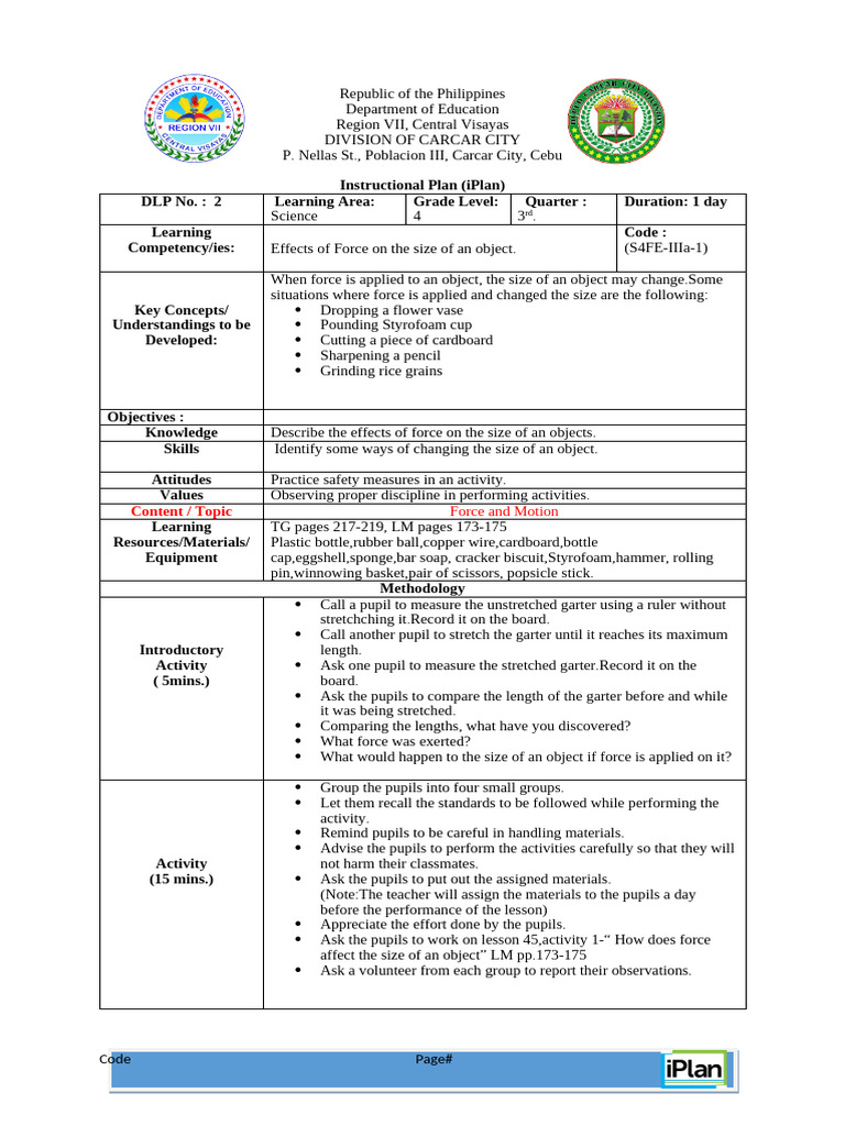 IPlan No. 2 Effects of Force On The Size of An Object | PDF