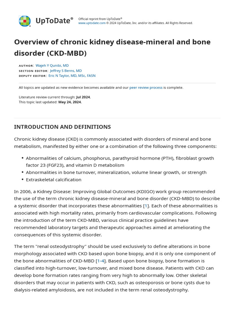 Overview of Chronic Kidney Disease-Mineral and Bone Disorder (CKD-MBD) - UpToDate | PDF
