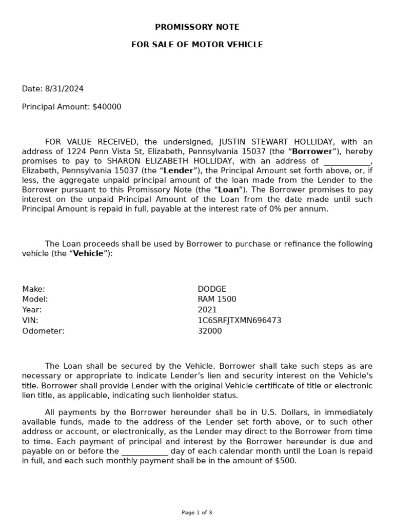 Vehicle Promissory Note | PDF