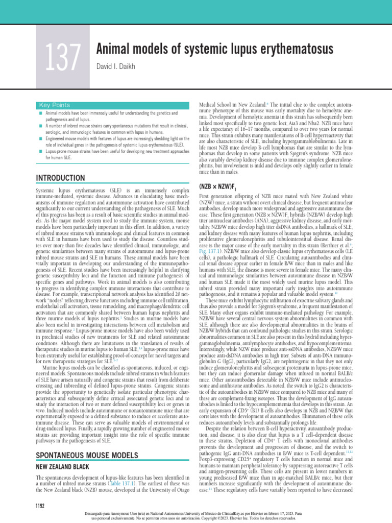 Animal Models of Systemic Lupus Erythematosus | PDF