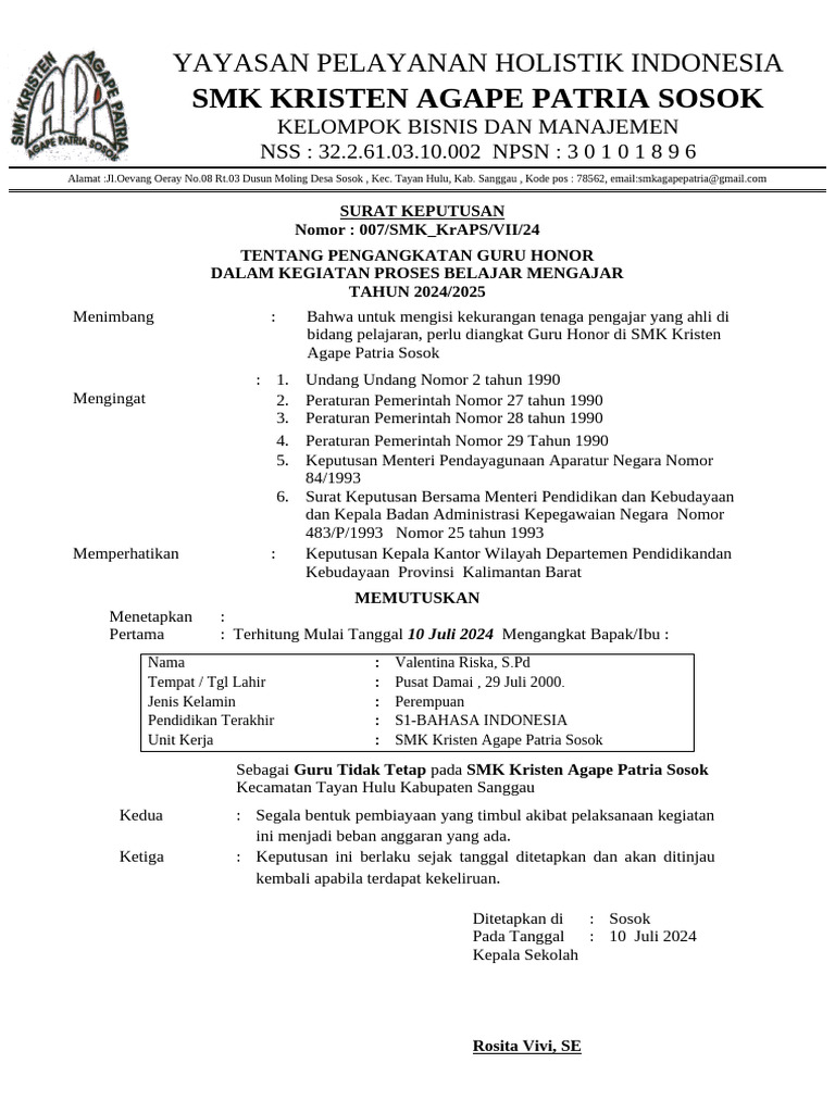 Sk-gty Sk Guru Tentang Pengangkatan Guru Tidak Tetap - 011 -2024-2025 | PDF