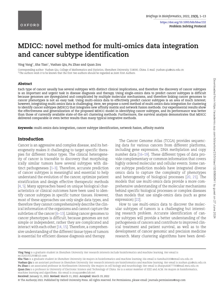 MDICC - Novel Method For Multi-Omics Data Integration and Cancer Subt | PDF