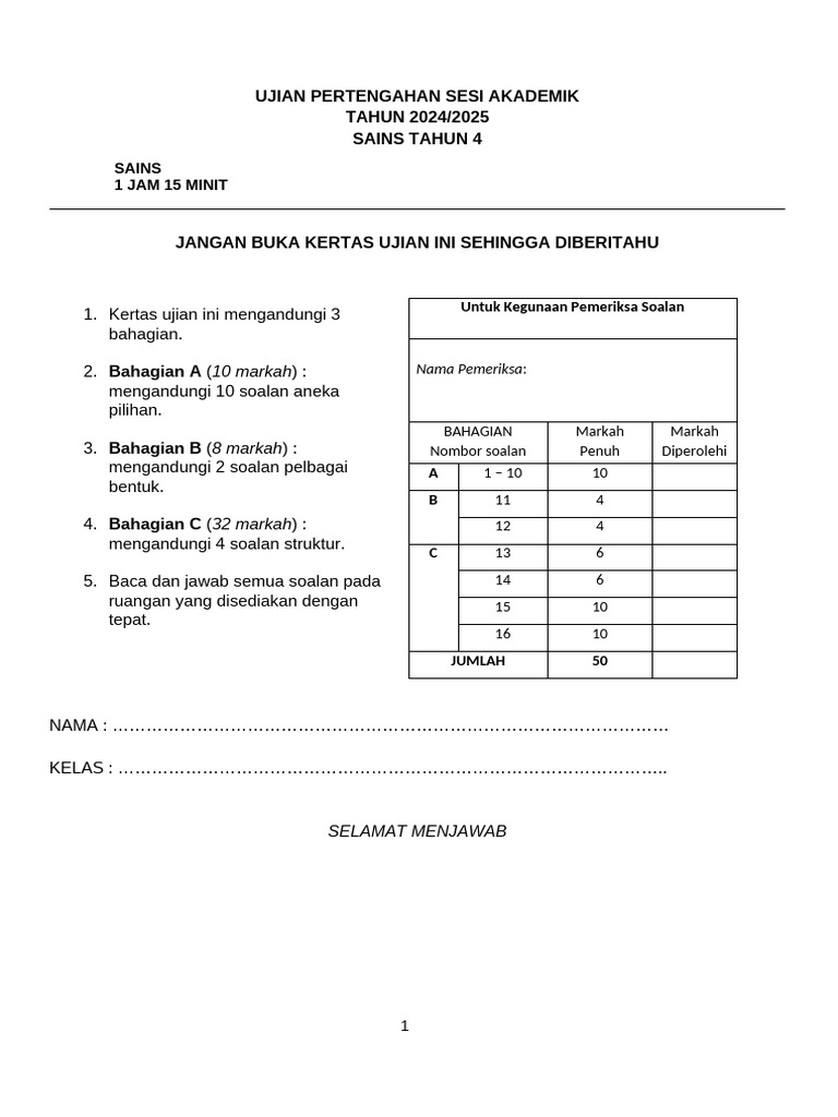 1 Set Kertas Upsa Sains Tahun 4 Sesi 2024-2025 03 | PDF