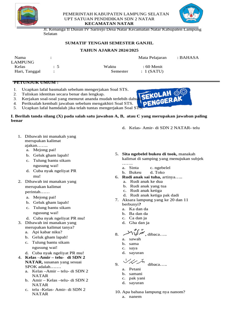 SUMATIF TENGAH SEMESTER 1 B.lampung KLS 5. | PDF