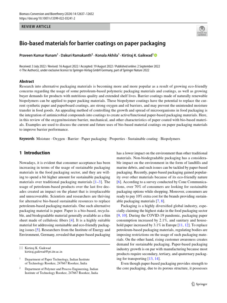 Bio-Based Materials For Barrier Coatings On Paper Packaging | PDF