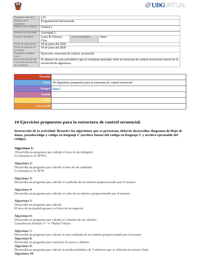 U1 Act.3H5P Formato 10EjerciciosLenguajeC EstructuraSecuencia | PDF