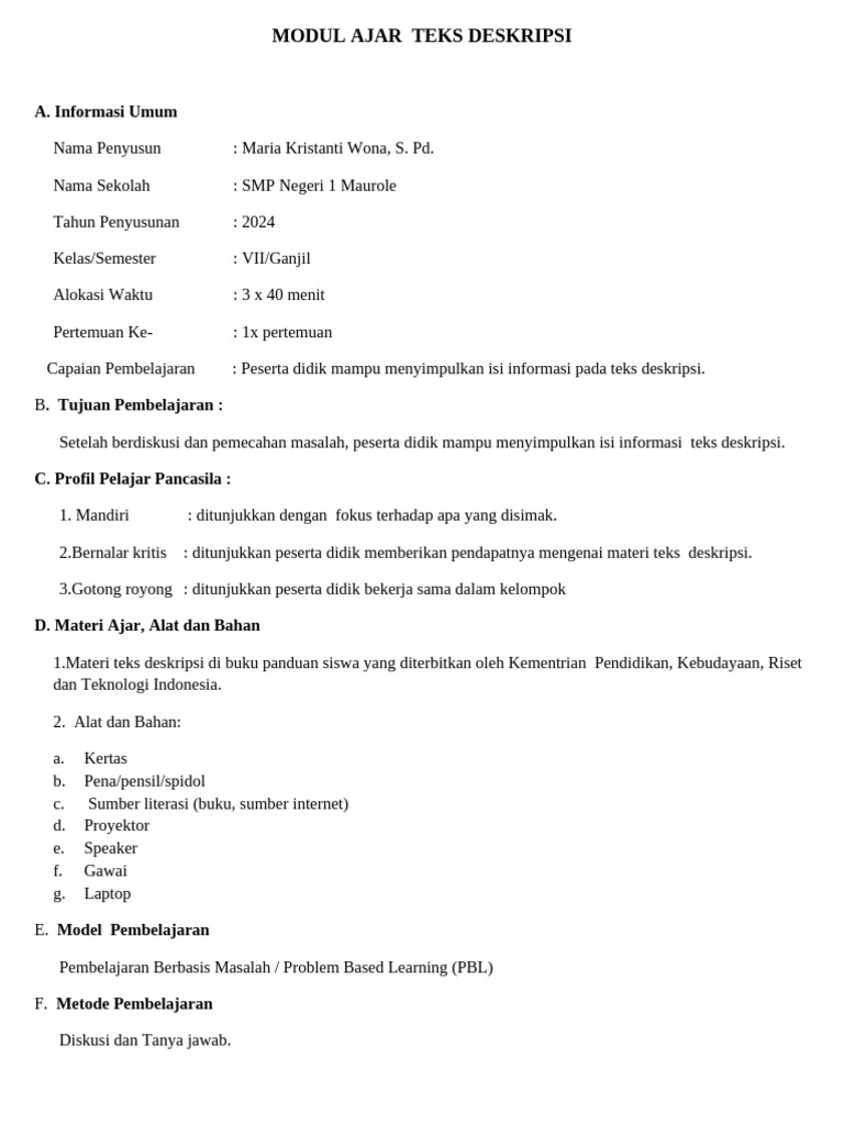 Modul Ajar Teks Deskripsi Kelas 7 | PDF