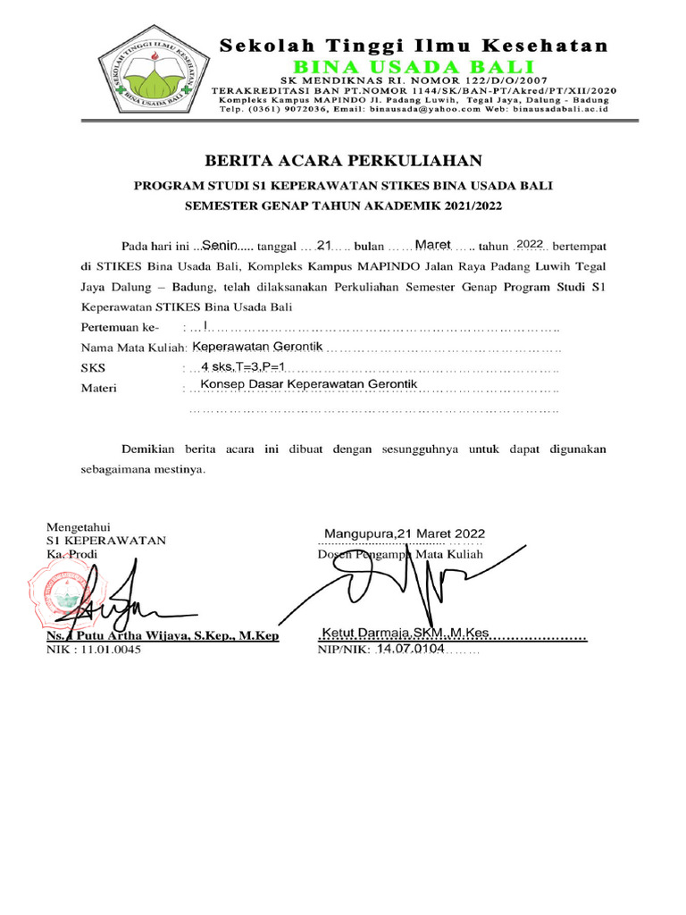 Contoh Dokumen Perkuliahan Lengkap | PDF