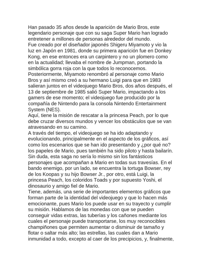 Han Pasado 35 Años Desde La Aparición de Mario Bros | PDF