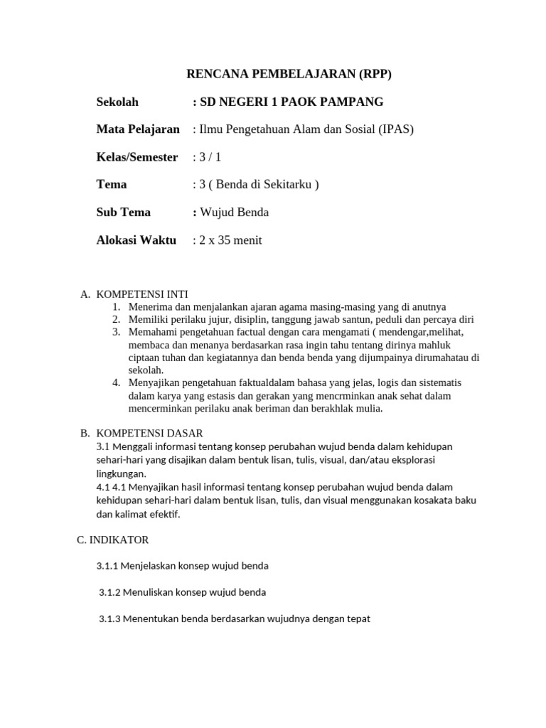 RPP Ipas Wujud Benda Kelas 3 | PDF