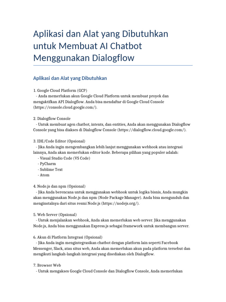 Aplikasi Dan Alat Untuk Membuat AI Chatbot Dialogflow | PDF
