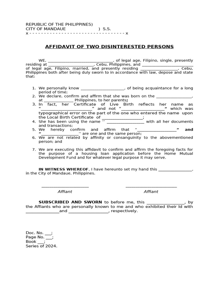 AFFIDAVIT OF TWO DISINTERESTED PERSON - Blank | PDF