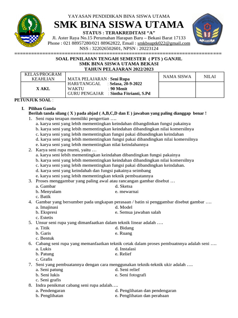 SOAL PTS GANJIL X AKL SENI RUPA 2223 Selasa Siang | PDF