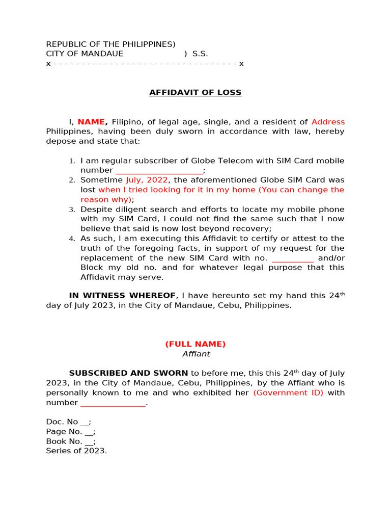 Affidavit of Loss Smart Sim Card - Sample | PDF
