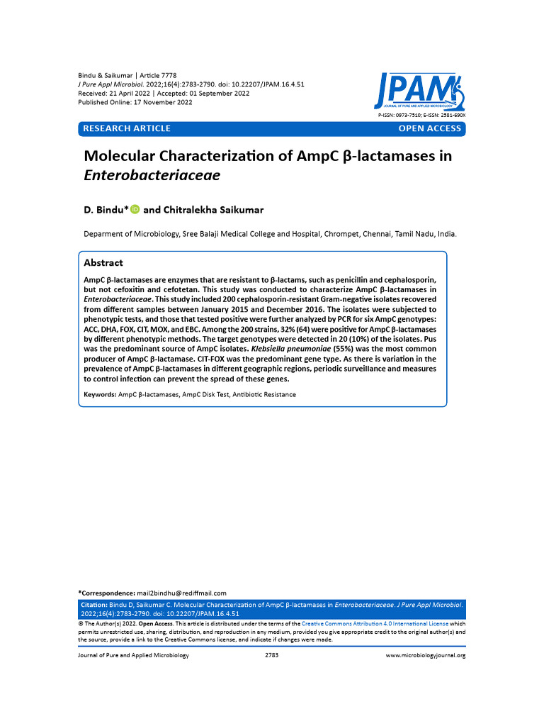 Molecular Characterization of AmpC β-lactamases | PDF