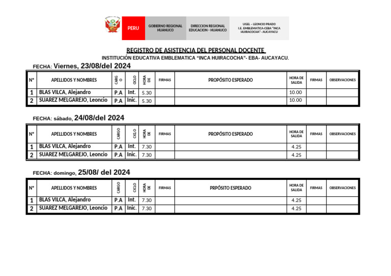 Registro de Asistencia Del Personal Docente Inic-Int.24 | PDF