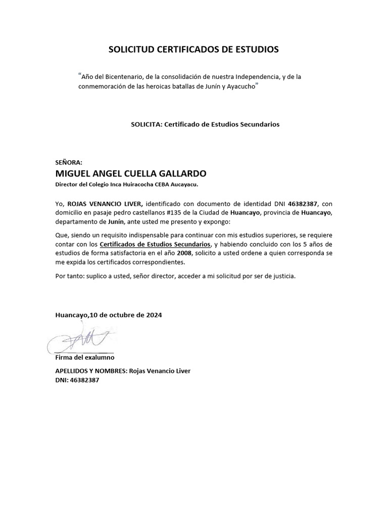 SOLICITUD DE CERTIFICADOS DE ESTUDIO. | PDF
